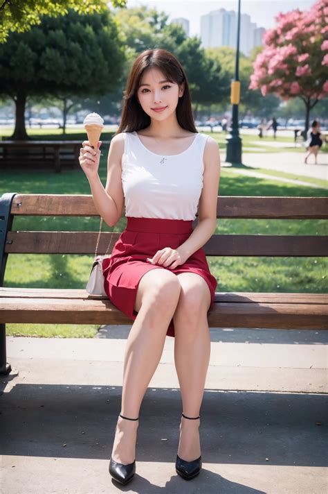 벤치에 앉아 아이스크림을 먹고 있는 기린 Seaart Ai