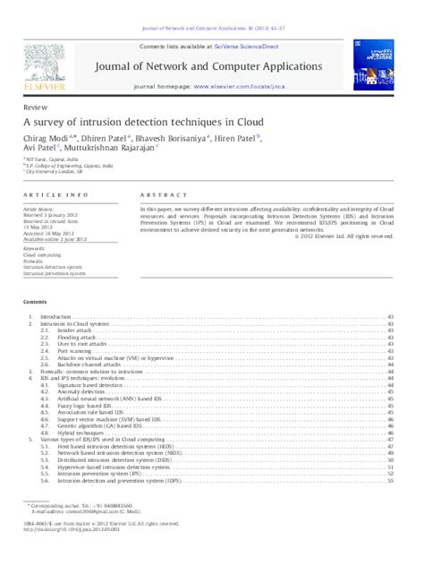 Pdf A Survey Of Intrusion Detection Techniques In Cloud