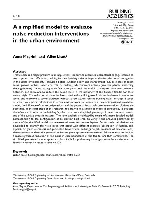 Pdf A Simplified Model To Evaluate Noise Reduction Interventions In