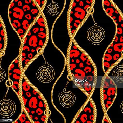 골든 체인 매력적인 표범 치타 완벽 한 패턴 그림입니다 황금 사슬 수채화 텍스처입니다 0명에 대한 스톡 벡터 아트 및 기타