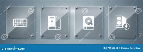 Set Case Of Computer Hard Disk Drive Hdd And Keyboard Square Glass Panels Stock Illustration