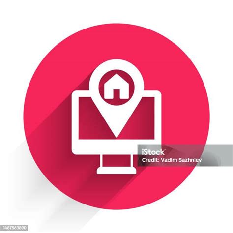 흰색 컴퓨터 모니터와 긴 그림자 배경으로 분리된 위치 마커 아이콘이 있는 접힌 지도 빨간색 원 버튼입니다 벡터 거리에 대한 스톡