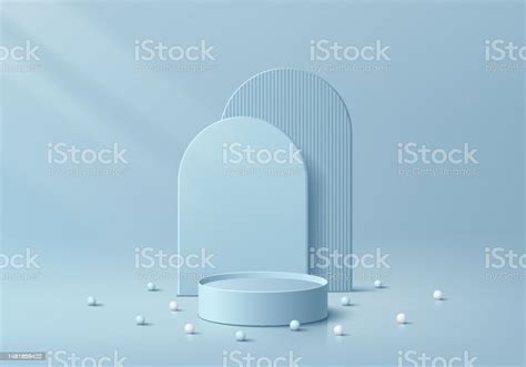 현실적인 파란색 실린더 받침대 연단과 아치 배경 벽 장면이 있는 3d 배경 파스텔 최소 모형 제품 디스플레이 추상 기하학적