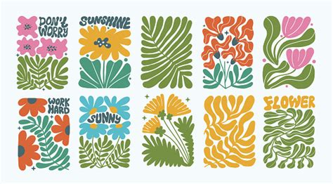 Groovy 추상 꽃 식물 배경의 집합입니다 꽃이 있는 포스터는 트렌디하고 순진한 복고풍 히피 60년대 70년대 스타일의 동기
