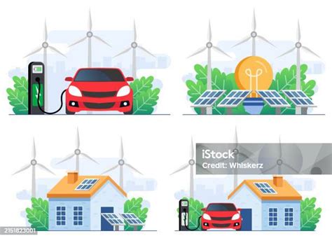 녹색 에너지 기술 개념 생태 운송 생태학 전기 운송 Emotion 전기 자동차 태양 전지판 및 풍력 터빈 대체 에너지의 평면 그림 세트 나무에 대한 스톡 벡터 아트 및 기타