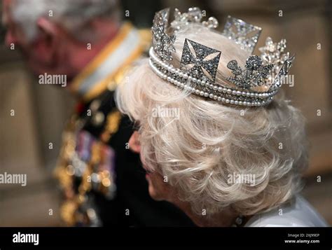 Queen Camilla Wearing The George Iv State Diadem Arrives For The