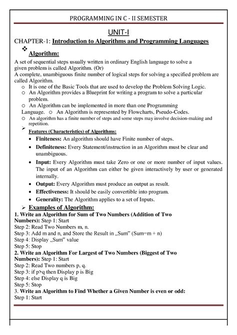 C Language Material Unit I Chapter 1 Introduction To Algorithms And Programming Languages