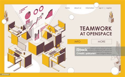 오픈 스페이스 오피스 Isometric 방문 페이지 템플릿의 팀워크 테이블과 의자 모노블록 Pc 및 액세서리 차트 및