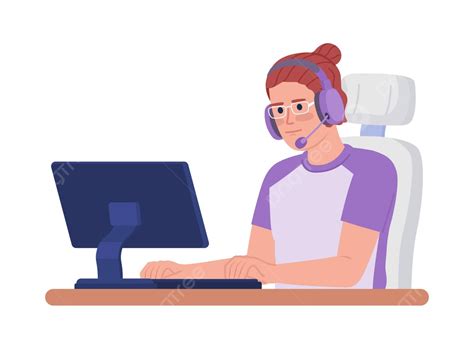 Semiflat Vector Character Of A Man Playing On Computer With Headphones
