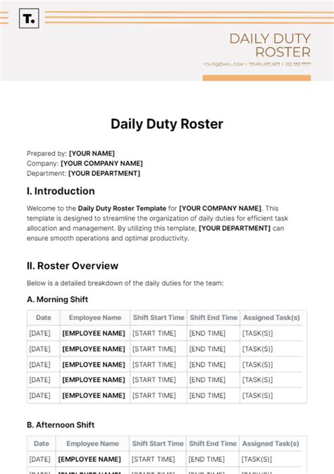 Free Daily Duty Roster Template To Edit Online
