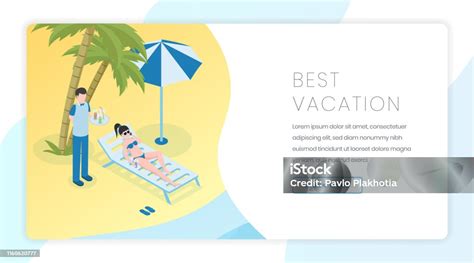 모래 해변 레크리에이션 방문 페이지 템플릿입니다 여름 방학 열대 리조트 웹 사이트 홈페이지 인터페이스 아이디어 와 아이소메트릭