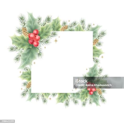 홀리 열매와 잎 가문비 나무 가지와 원뿔이 있는 크리스마스 카드 사각형 템플릿입니다 손으로 그린 수채화 고립 된 그림 새해 인사말 카드 및 디자인에 대 한 텍스트를위한 빈