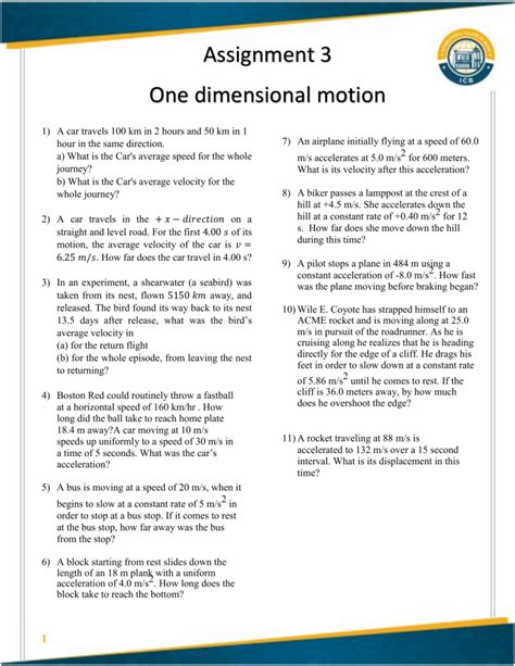 One Dimensional Motion Physics Assignment