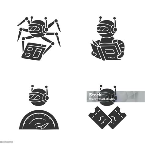 인터넷 봇 문말 아이콘 세트 크롤러 텍스트 읽기 최적화 스캘퍼 로봇 인공 지능 Ai 소프트웨어 응용 프로그램 가상 도우미 실루엣