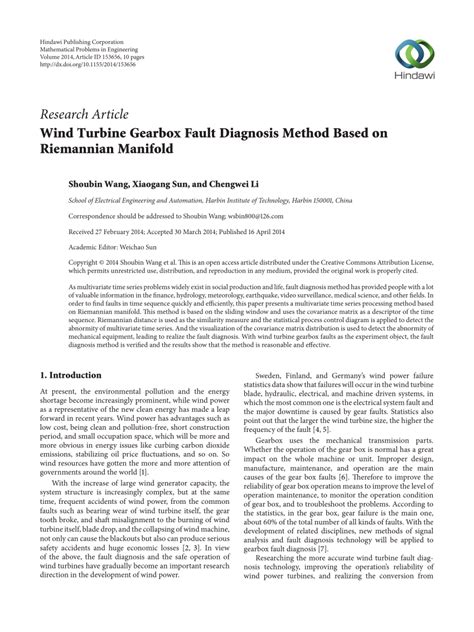 Pdf Wind Turbine Gearbox Fault Diagnosis Method Based On Riemannian Manifold