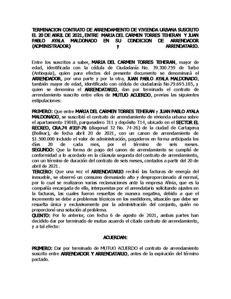Terminacion Contrato Arrendamiento Terminacion Contrato De