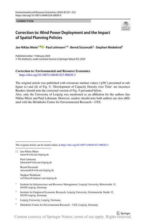 Correction To Wind Power Deployment And The Impact Of Spatial Planning Policies