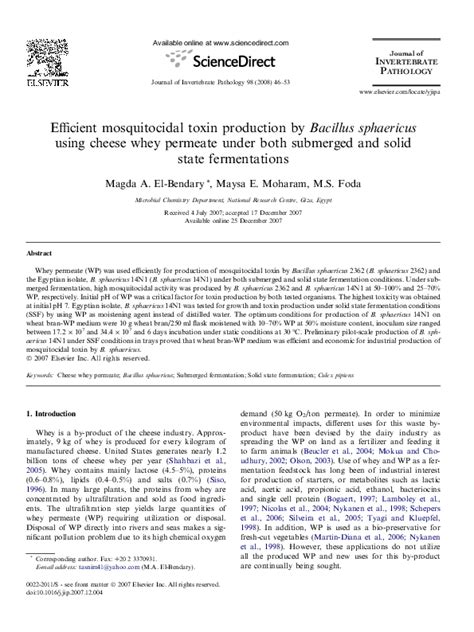 Pdf Efficient Mosquitocidal Toxin Production By Bacillus Sphaericus Using Cheese Whey Permeate