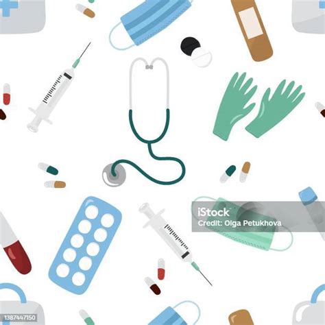 의료 장비 및 의약품과 원활한 패턴 청진기 주사기 마스크 패치 알약 시험관 흰색 배경에 종이 직물 포장에 인쇄를위한 벡터 그림 건강관리와 의술에 대한 스톡 벡터 아트 및