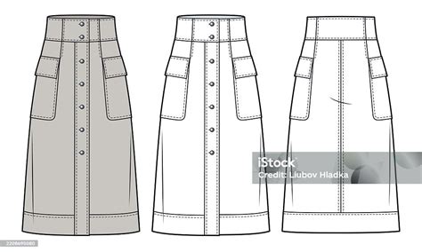 하이웨이스트 버튼 다운 미디 스커트 테크니컬 패션 일러스트 Aline 스커트 패션 플랫 테크니컬 드로잉 템플릿 포켓 전면 및 후면도 화이트 베이지 여성 Cad 모형 세트 0