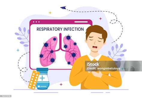 호흡기 감염 벡터 의료 배경에 있는 바이러스 세포와 폐의 염증 그림 플랫 만화 손으로 그린 템플릿 감기와 독감에 대한 스톡 벡터