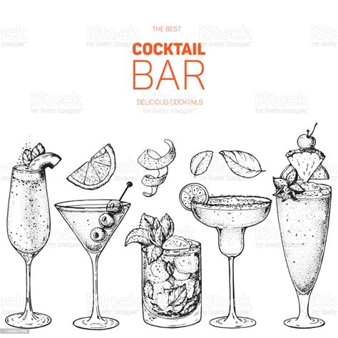 손으로 그린 칵테일 벡터 일러스트레이션 알콜 칵테일 스케치 세트 새겨진 스타일 바에 대한 디자인 템플릿 벨리니 드라이 마르티니 민트 줄렙 마가리타 싱가포르 슬링 칵테일에