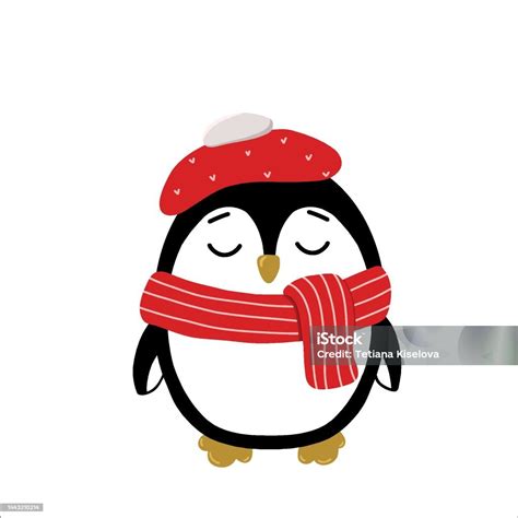 머리에 스카프와 겨울 모자를 쓴 귀여운 펭귄 겨울 그림입니다 벡터 그림입니다 0명에 대한 스톡 벡터 아트 및 기타 이미지 0