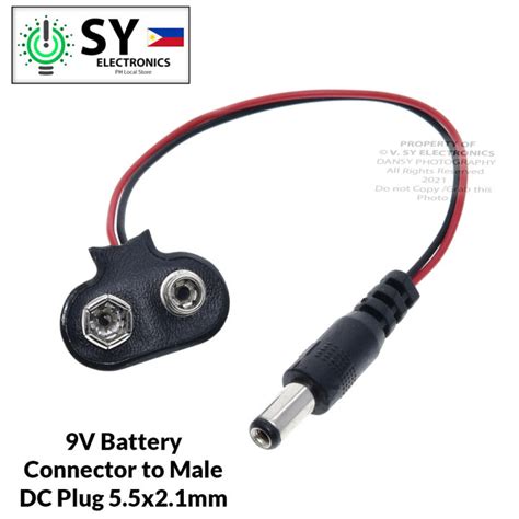 9v Battery Connector To Standard Male Dc Plug 55x21 Mm Jack Snap T
