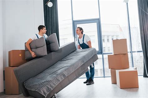 무거운 소파를 들고 방에서 실내에서 일하는 파란색 유니폼을 입은 두 명의 젊은 이주 20 24세에 대한 스톡 사진 및 기타 이미지 20 24세 25 29세 2명