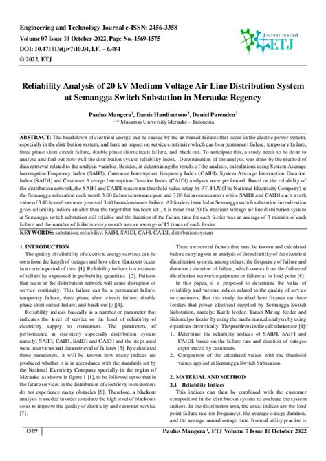 Pdf Reliability Analysis Of 20 Kv Medium Voltage Air Line Distribution System At Semangga