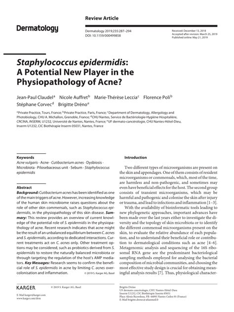 Pdf Staphylococcus Epidermidis A Potential New Player In The Physiopathology Of Acne