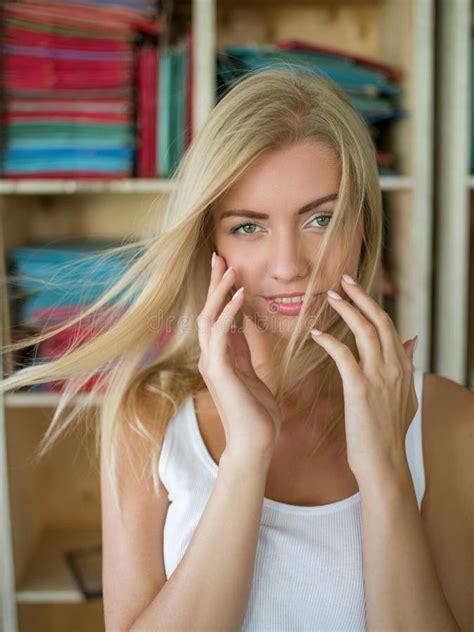 Beautiful Blond Girl Expresses Different Emotions Stock Image Image