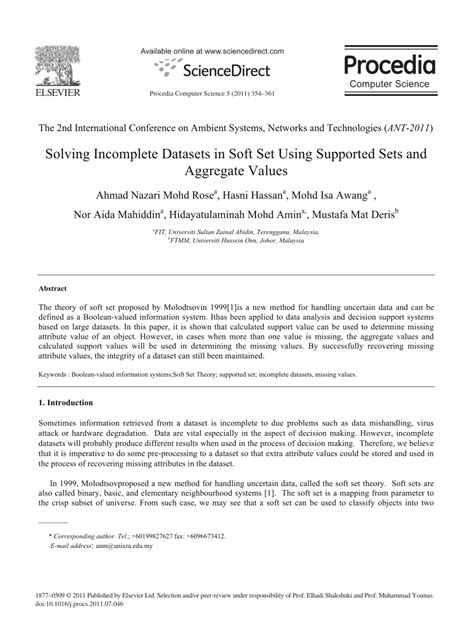 pdf solving incomplete datasets in soft set using supported sets and