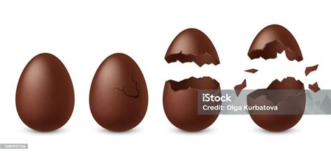 초콜릿 달걀 치킨 계란 컬렉션 전체와 깨진 두 반쪽 폭발 계란 껍질 깜짝 벡터 세트와 달콤한 전통 부활절 과자 아이 사탕의 모양의 디저트 부활제에 대한 스톡 벡터 아트 및