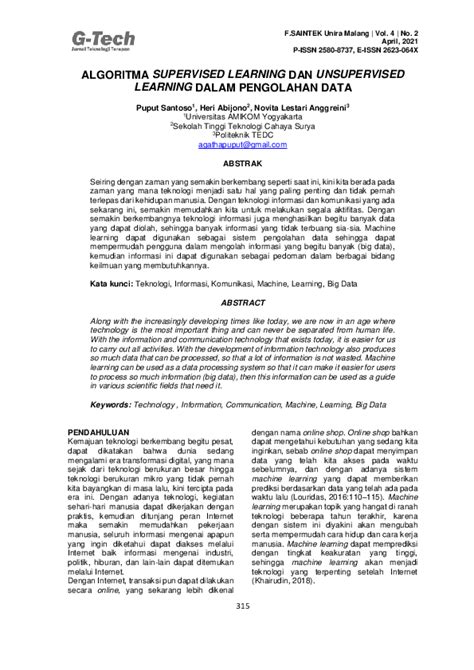 Pdf Algoritma Supervised Learning Dan Unsupervised Learning Dalam