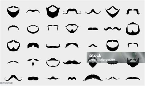 검은 콧수염과 수염 아이콘입니다 재미 있는 오래 된 콧수염 빈티지 남자 얼굴 헤어스타일 수염 실루엣 고립 된 재미 있은 힙 스터 이발소 괜찮은 벡터 세트 남자에 대한 스톡