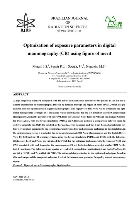 Pdf Optmization Of Exposure Parameters In Digital Mammography Cr Using Figure Of Merit