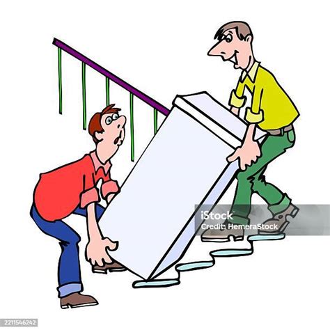 추상적인 벡터 일러스트레이션은 만화 스타일로 큰 상자를 계단으로 옮기는 작업자를 보여줍니다 공장 산업 건물에 대한 스톡 벡터 아트 및 기타 이미지 Istock