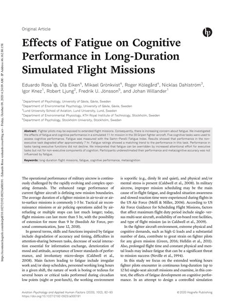 Pdf Effects Of Fatigue On Cognitive Performance In Long Duration