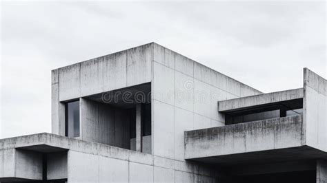 Brutalist Concrete Structure With Bold Angles And Minimalist Design Under A Grey Sky Stock