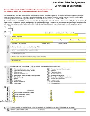 Streamlined Sales Tax Exemption Certificate Blank Fillable Template