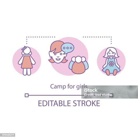 여자 개념 아이콘을위한 캠프 여름 의 즐거움 활동 클럽 아이디어 얇은 라인 일러스트 어린이 휴가 리조트 방과 후 교육 시설 벡터 절연 윤곽선 도면 편집 가능한 스트로크