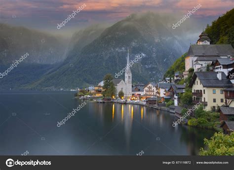 Local View Hallstatt Protestant Church Sunrise Reflected Lake Hallstatt