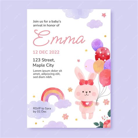 수채화 소녀 베이비 샤워 초대장 템플릿 무료 벡터
