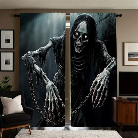 2개 세트 스푸키 호러 테마 커튼 디지털 프린트 거실 침실 등용 로드 포켓 디자인 할로윈 크리스마스 Temu
