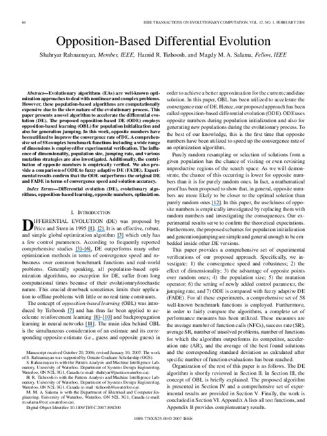 Pdf Opposition Based Differential Evolution