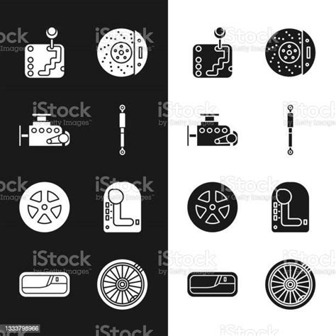 충격 흡수장치 자동차 엔진 기어 시프터 캘리퍼 휠 및 도어 핸들 아이콘이 있는 브레이크 디스크를 설정합니다 벡터 가장자리에 대한 스톡 벡터 아트 및 기타 이미지 Istock