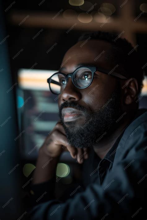 Focused African American Software Developer Coding On Computer At Night Premium Ai Generated Image