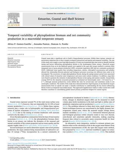 Pdf Temporal Variability Of Phytoplankton Biomass And Net Community Production In A Macrotidal