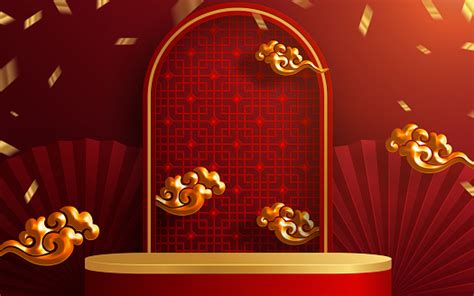 3d 포디움 라운드 스퀘어 박스 무대 연단과 종이 예술 중국 새해 중국 축제 중간 가을 축제 빨간 종이 컷 팬 꽃과 배경에 공예 스타일 아시아 요소 2022년에 대한 스톡